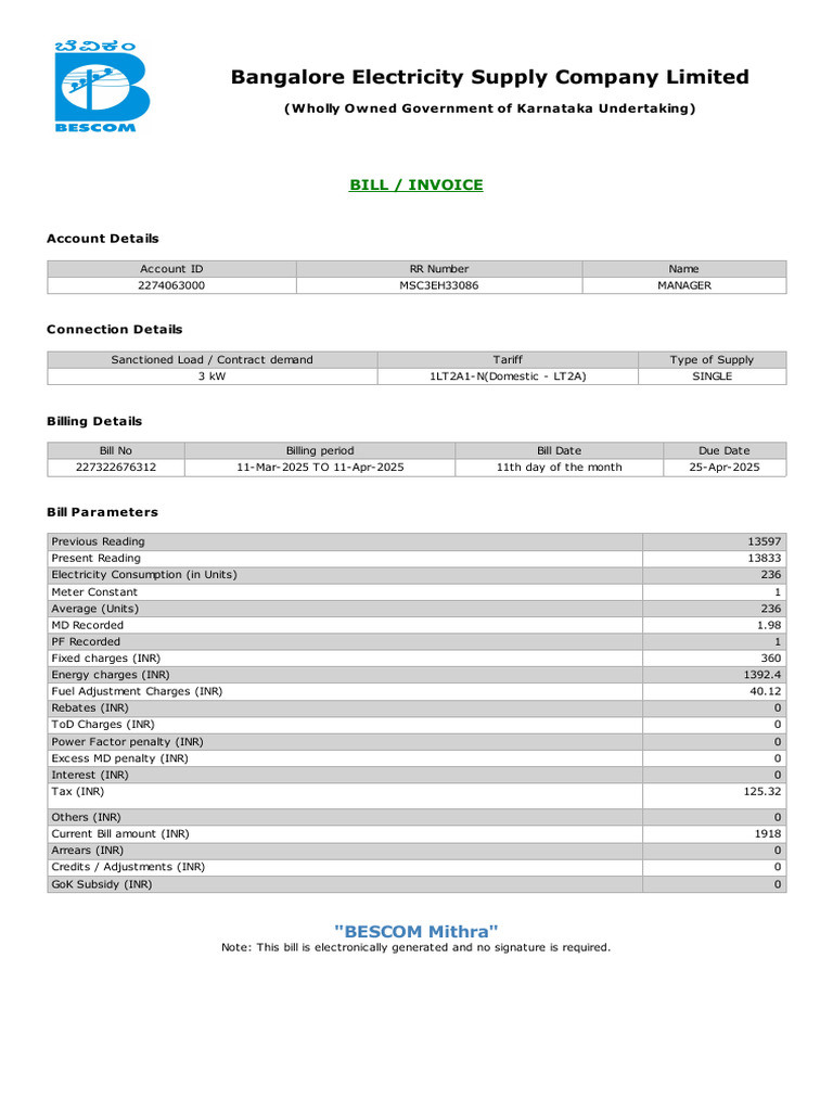 BESCOM_Mithra_Bill-2274063000-227322676312 | PDF | Electric Power ...