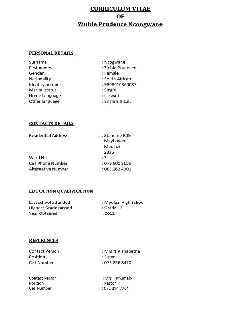 CURRICULUM VITAE Zinhle - 015601 | PDF