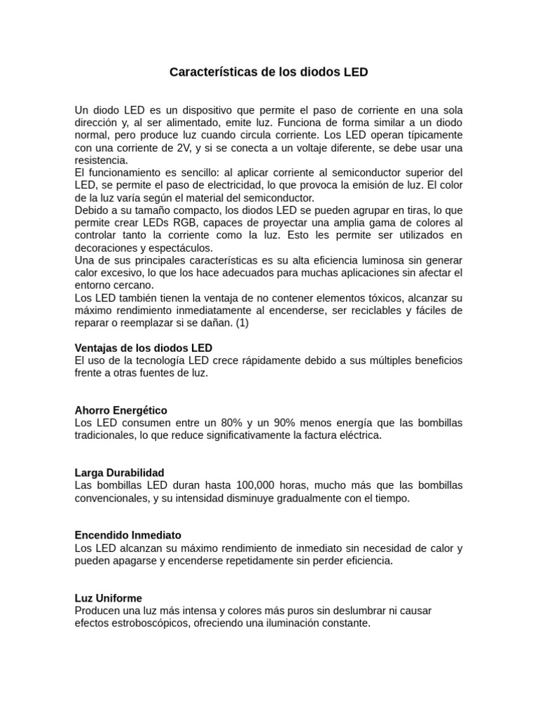 Características de Los Diodos LED | PDF | Diodo emisor de luz | Electrónica