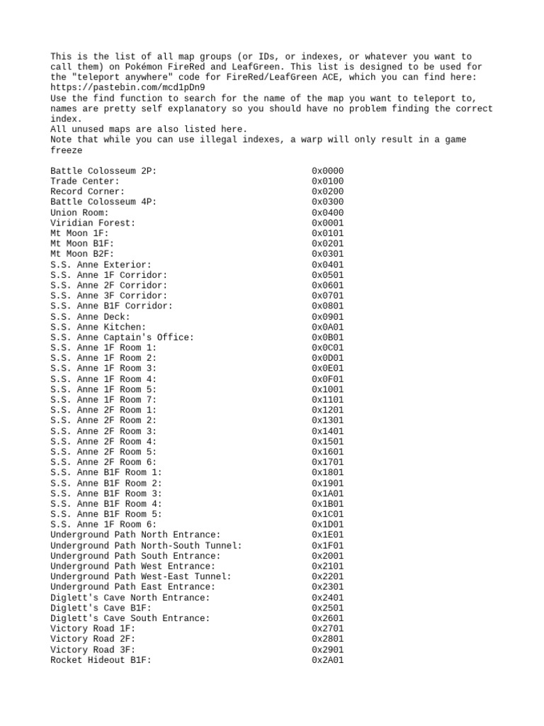 Map Groups List Pokémon FireRed and LeafGreen | PDF | Pokémon