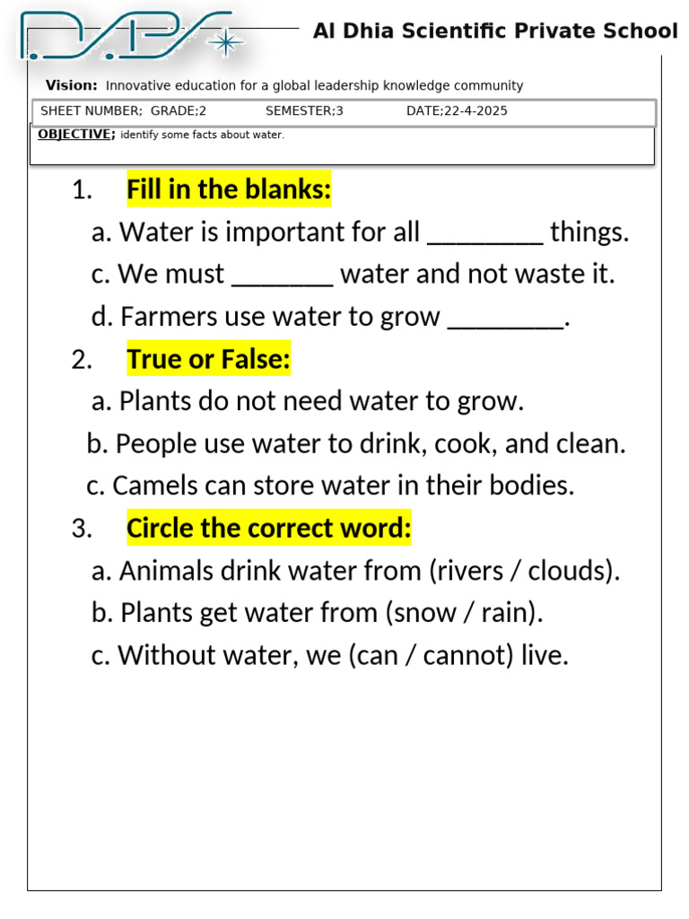 Water Importance Worksheet for Grade 2 | PDF