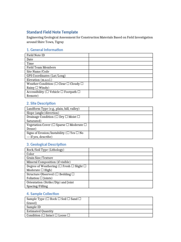 Field Note Template Shire Tigray | PDF | Soil | Weathering