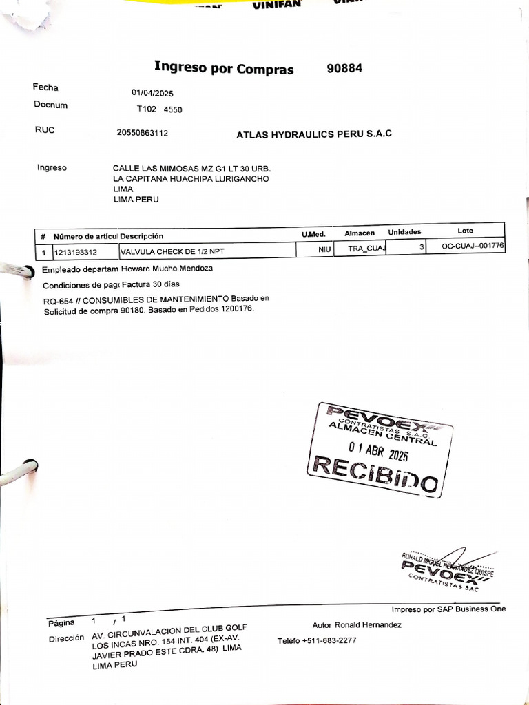 Hoja de Ingreso 90884 Factura 5662 | PDF