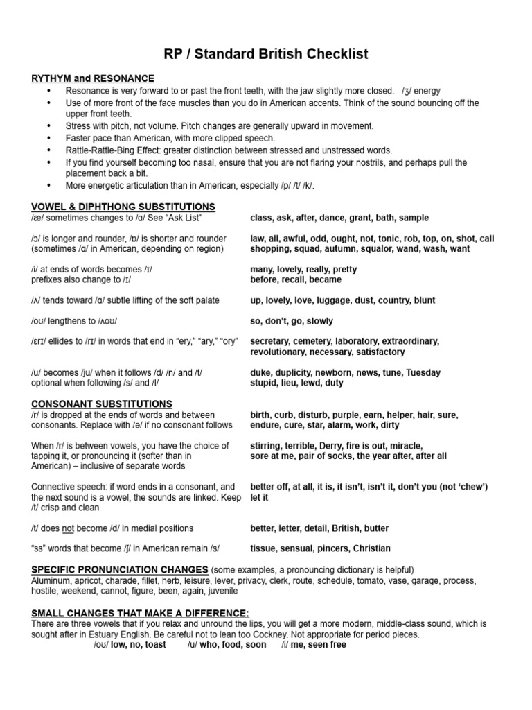 British RP Dialect Instruction Sheet | PDF | Stress (Linguistics ...