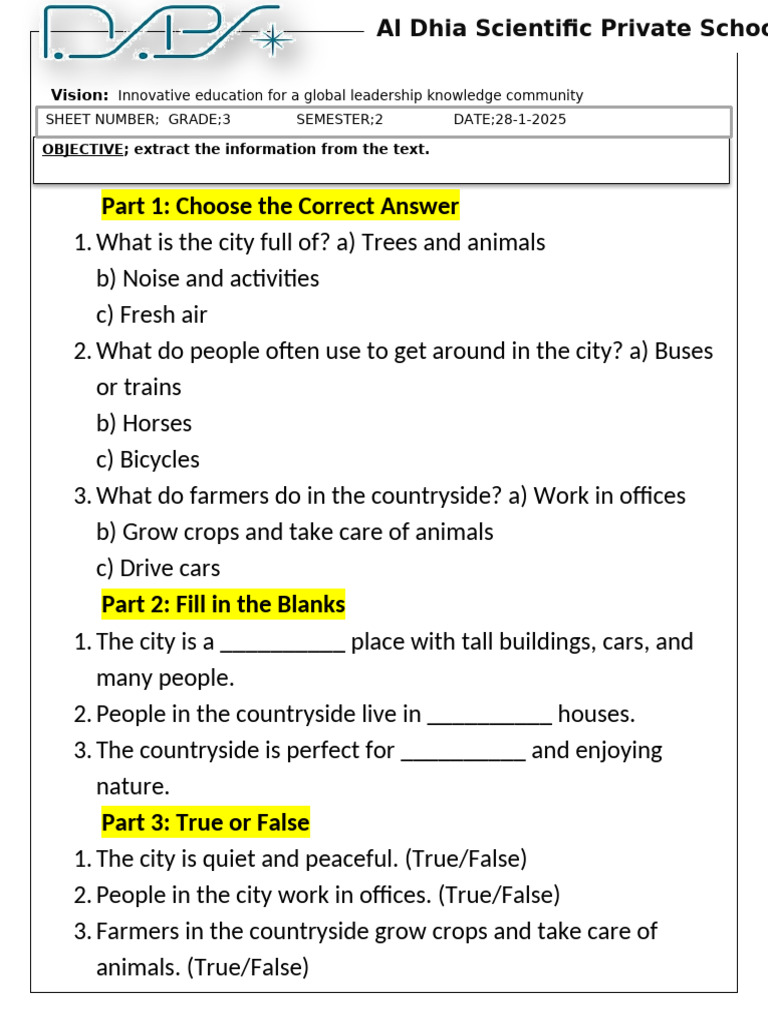 City vs. Countryside: Grade 3 Quiz | PDF