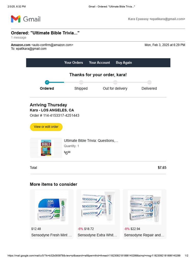 Gmail - Ordered - Ultimate Bible Trivia... | PDF