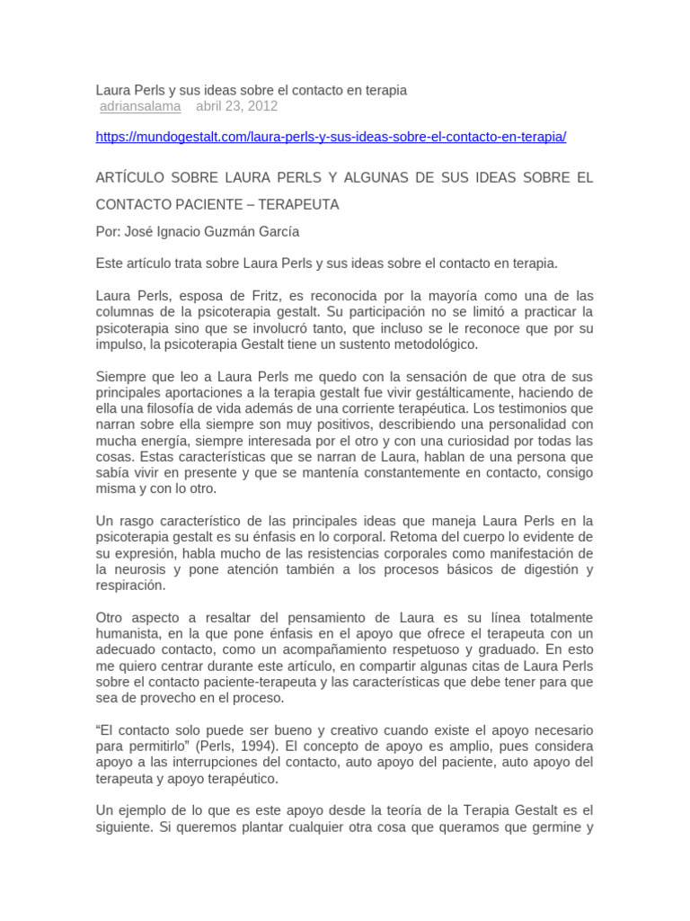 Laura Perls y Sus Ideas Sobre El Contacto en Terapia | PDF | Terapia ...