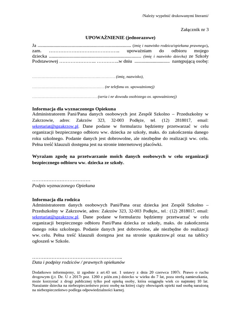 Zal. NR 3 Upowaznienie Odbior Dziecka Jednorazowe 1 | PDF