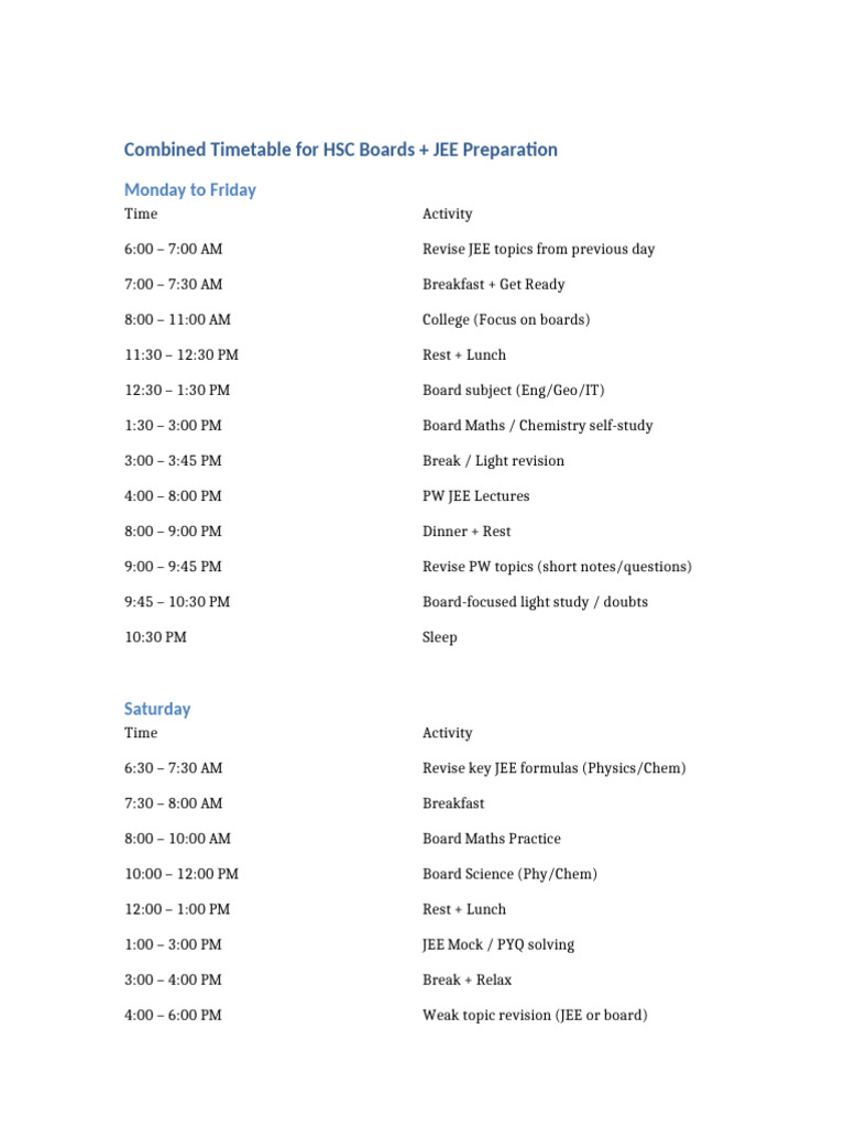 Combined Timetable HSC JEE | PDF