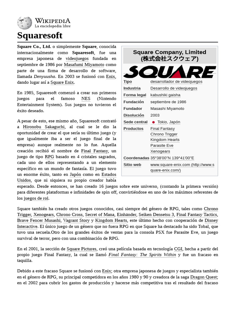 Historia de Squaresoft y sus juegos | PDF | Franquicias Square Enix ...
