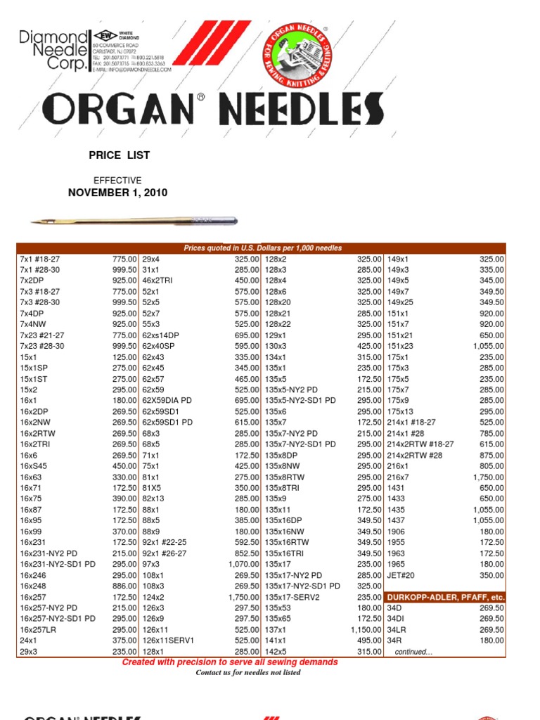 Organ Needle Price List | PDF | Needlework | Quilting