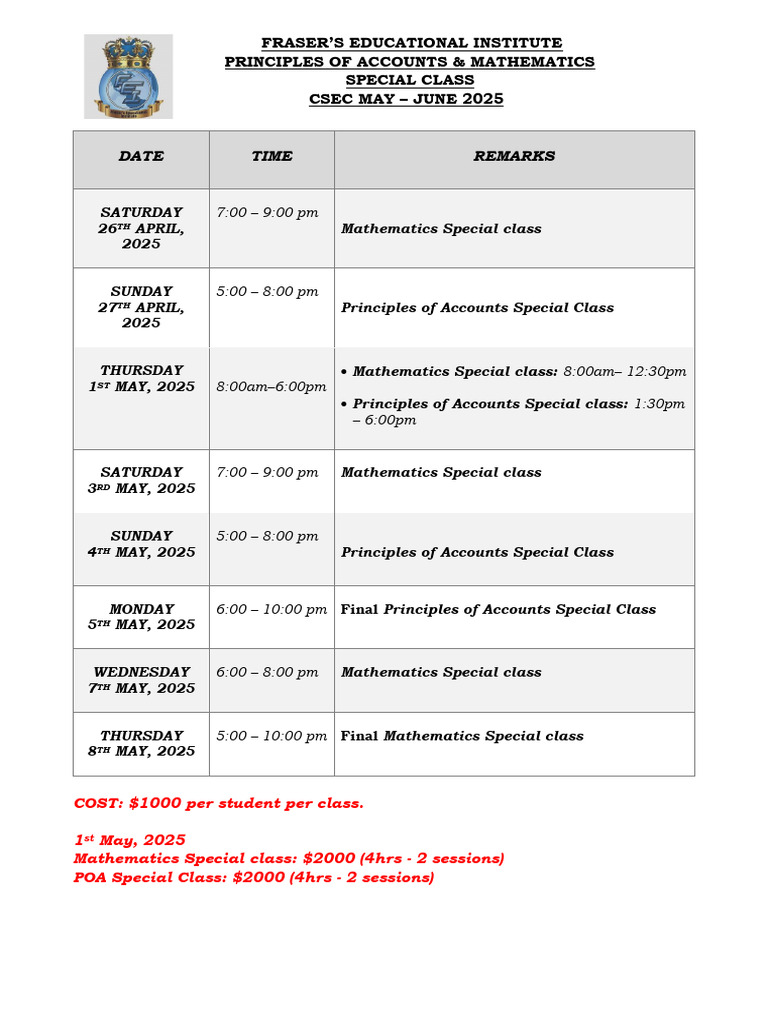Mathematics & POA Special Class Schedule 2025 | PDF