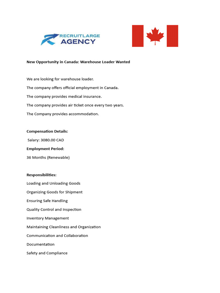 Warehouse Loader Job Opportunity in Canada | PDF