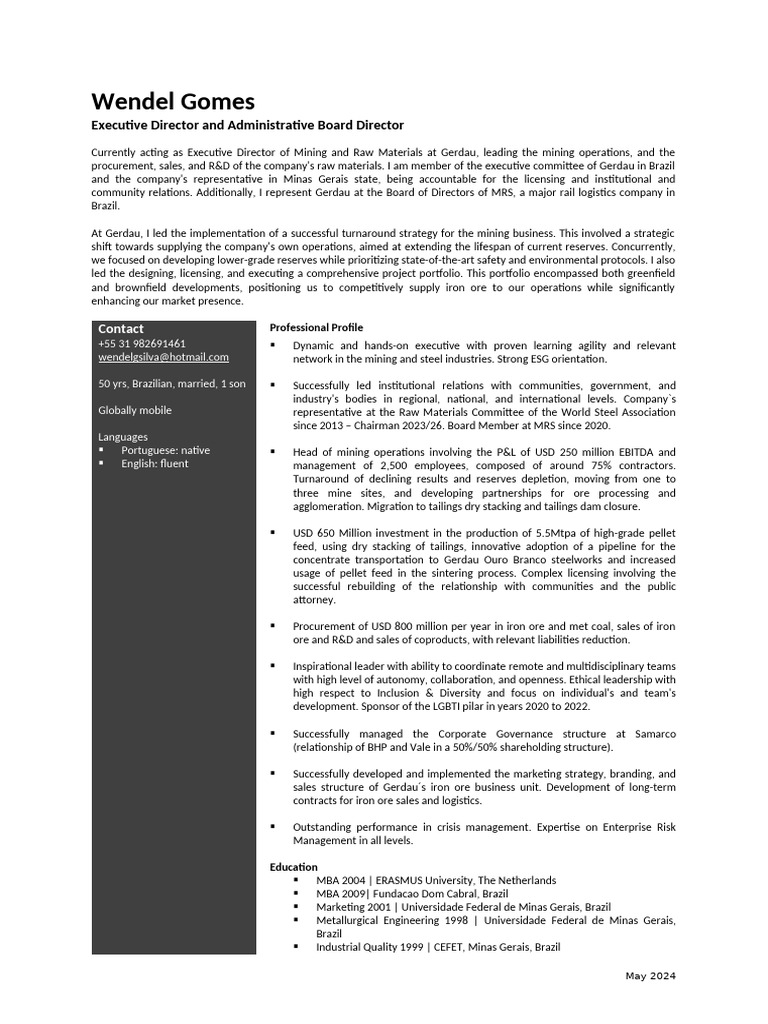 CV Wendel Gomes May 2024 Eng | PDF | Mining | Iron Ore