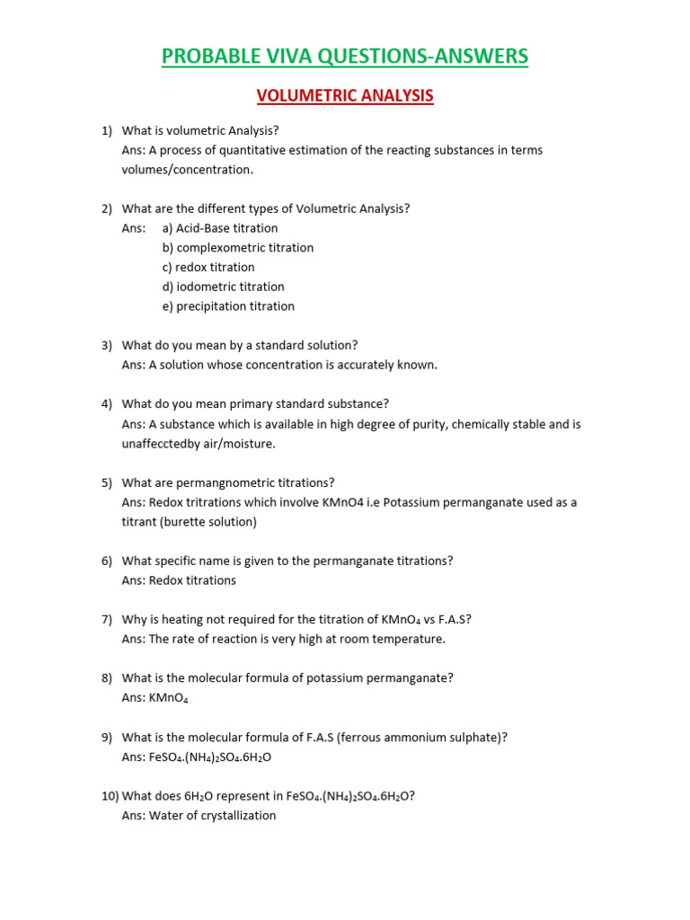 Viva Questions & Answers - All Experiments | PDF | Titration | Chemistry