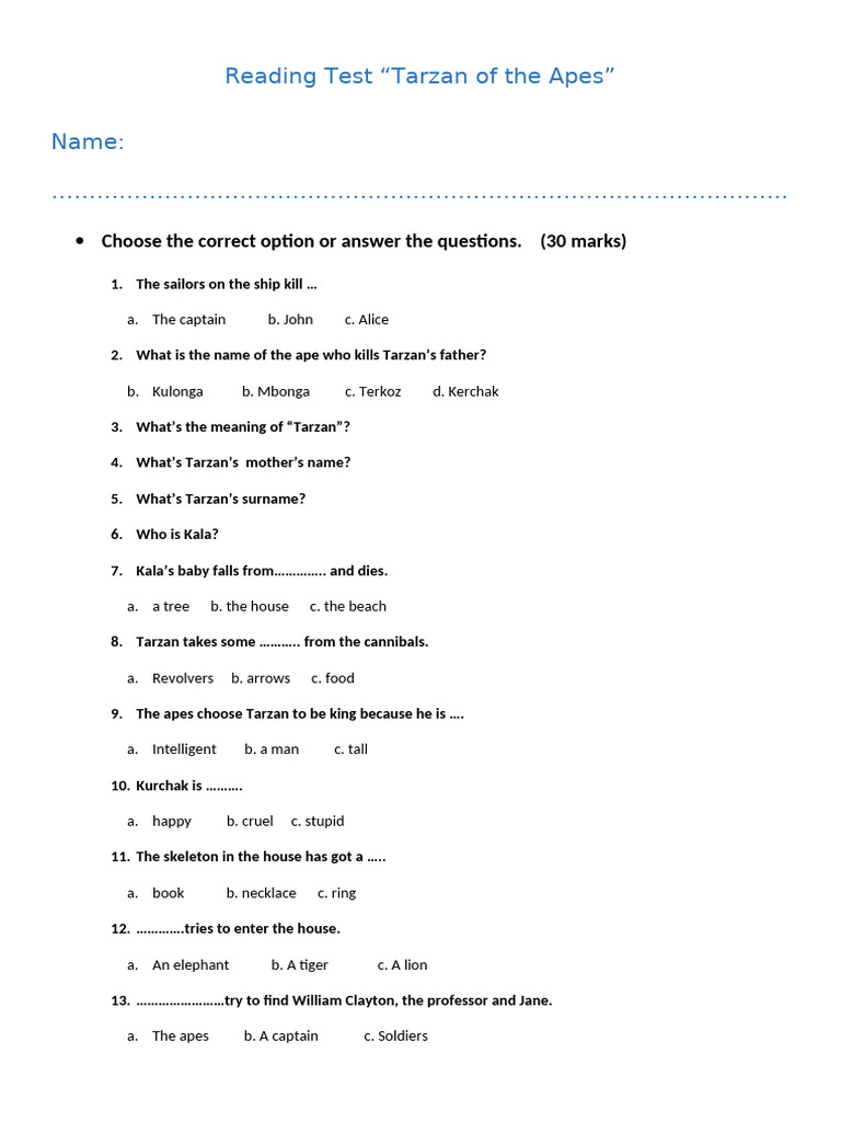 Tarzan of the Apes Reading Test | PDF | Tarzan | Edgar Rice Burroughs
