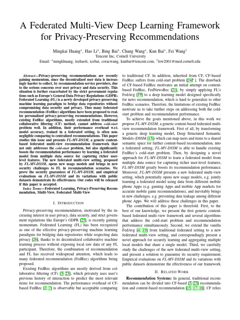 2020-A Federated Multi-View Deep Learning Framework For Privacy-Preserving Recommendations | PDF ...