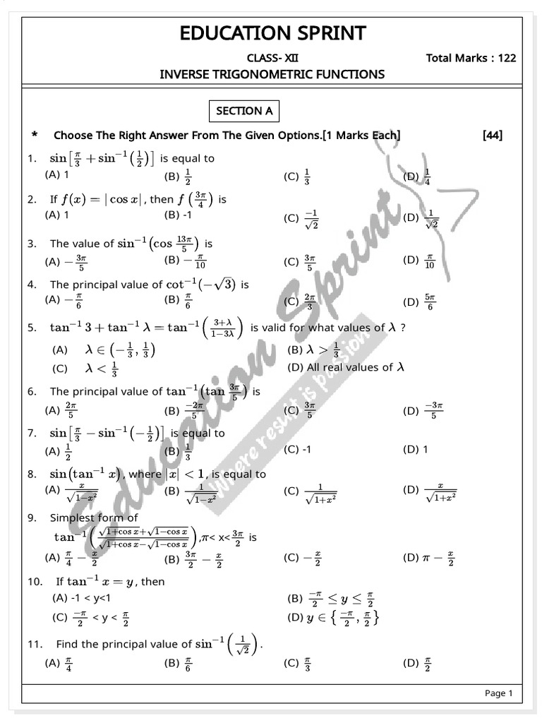 INVERSE TRIGONOMETRIC FUNCTIONS Questions | PDF | Trigonometric ...