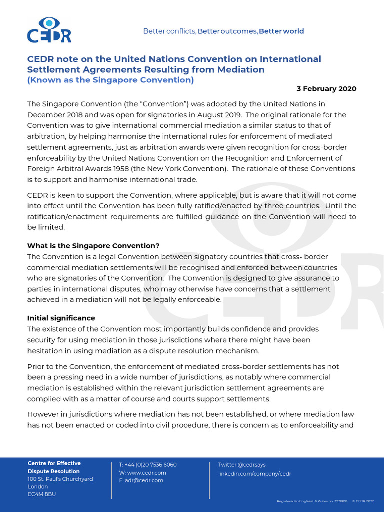 CEDR Note On The Singapore Convention | PDF | Mediation | Ratification