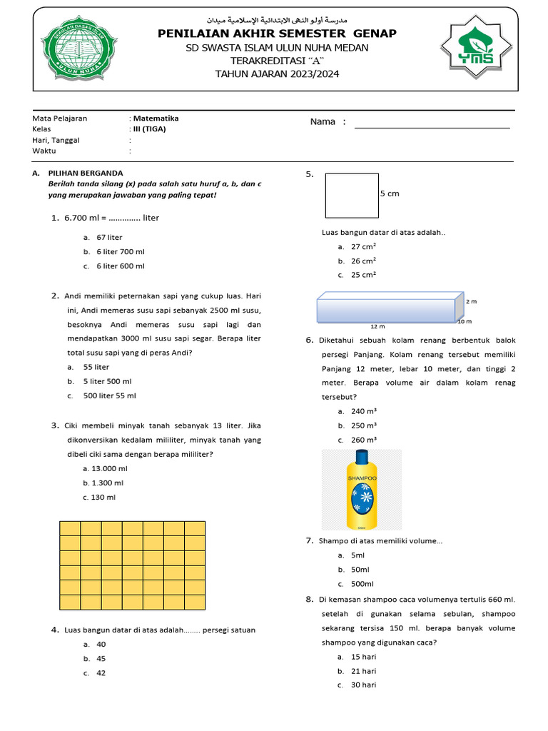 Soal Matematika Kelas 4 SD Kurmer 2024 | PDF
