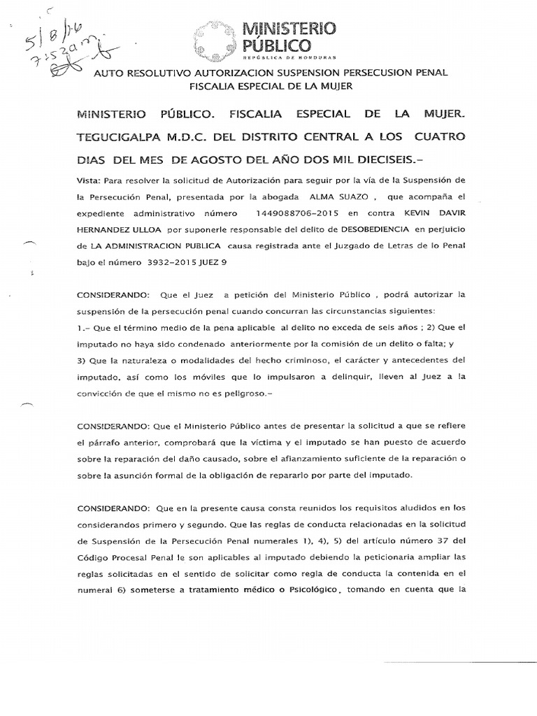 Autorizacion Susp. Pers. Penal Kevin Davir Hernandez Ulloa | PDF