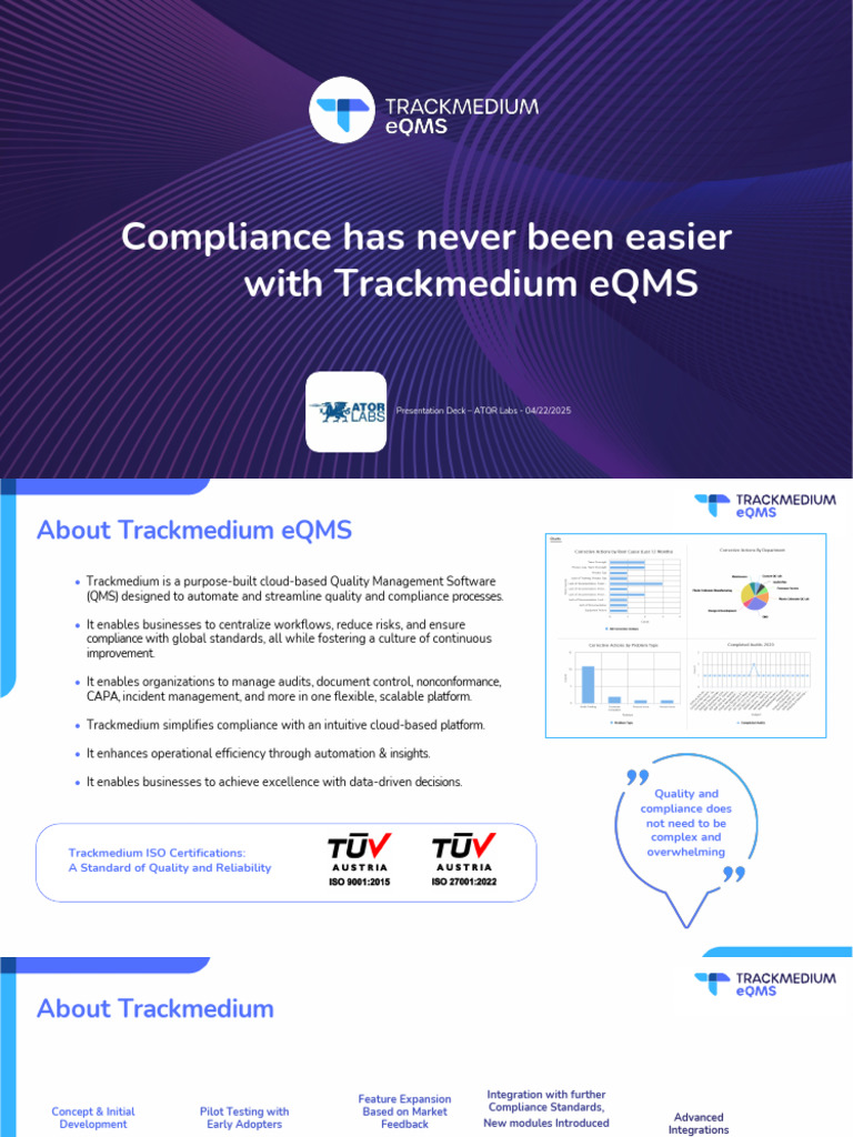 Trackmedium EQMS Presentation Deck ATOR Labs | PDF | Regulatory Compliance | Cloud Computing
