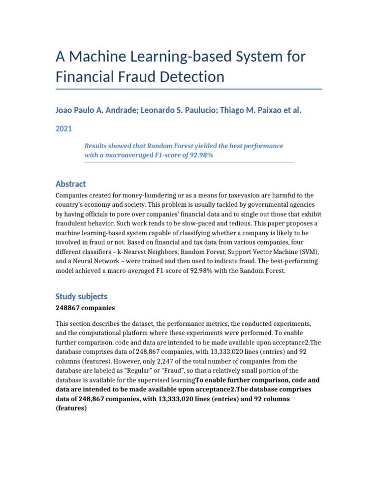 A Machine Learning Based System For Financial Fraud Detection | PDF ...