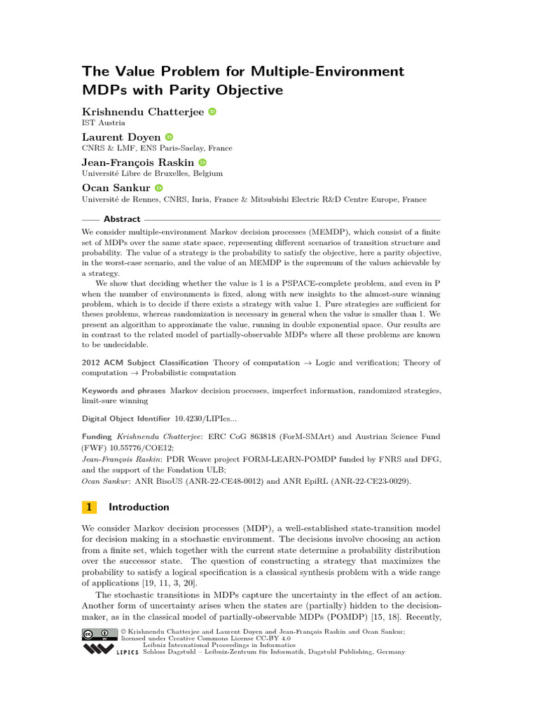 The Value Problem For Multiple-Environment Mdps With Parity Objective | PDF | Mathematical ...