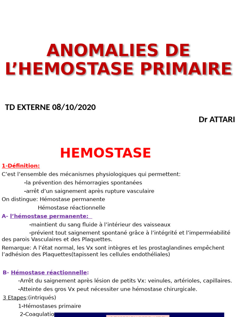 Anomalies de l'Hémostase Primaire | PDF | Hémostasie | Vaisseau sanguin