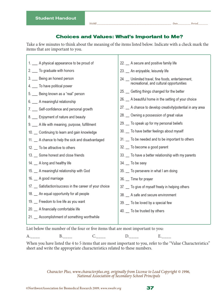 Choices and Values - What's Important To Me | PDF | Integrity | Courage