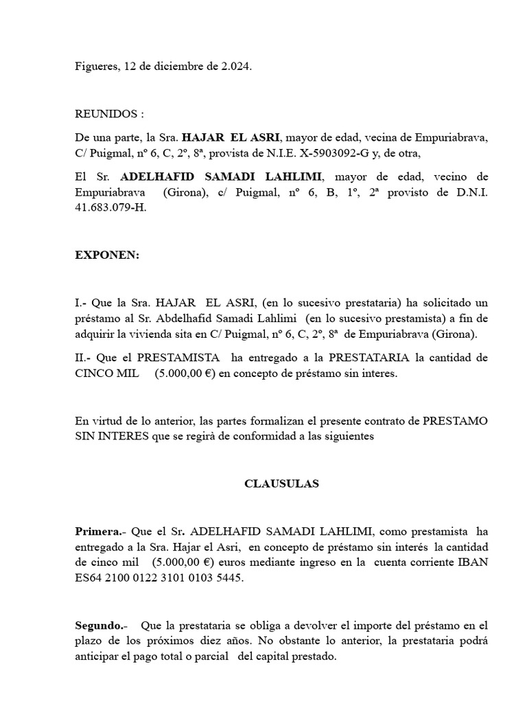 Contrato de Préstamo Sin Interés en Girona | PDF