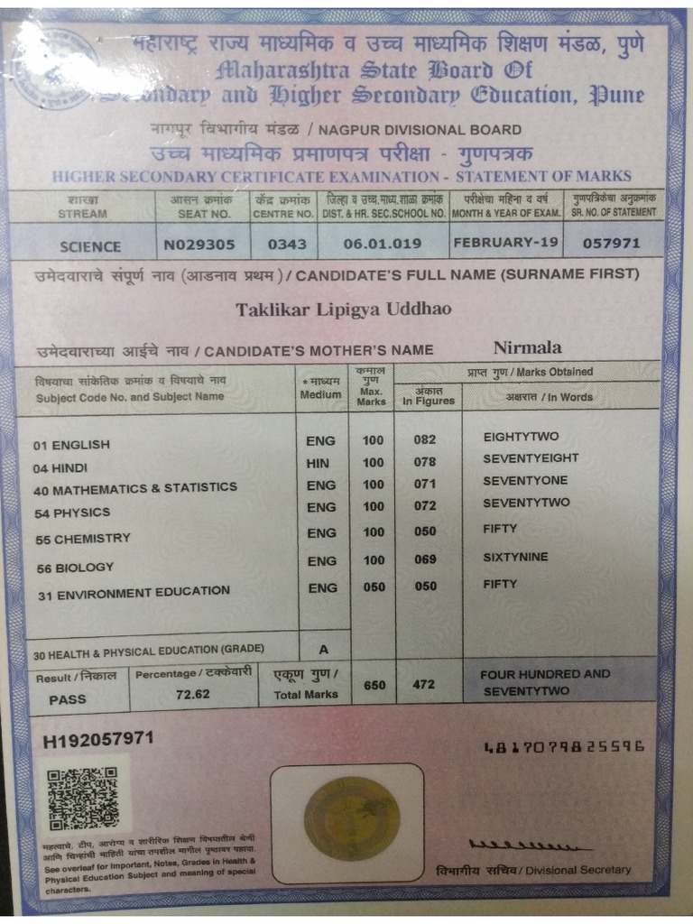 Class XII Marksheet | PDF