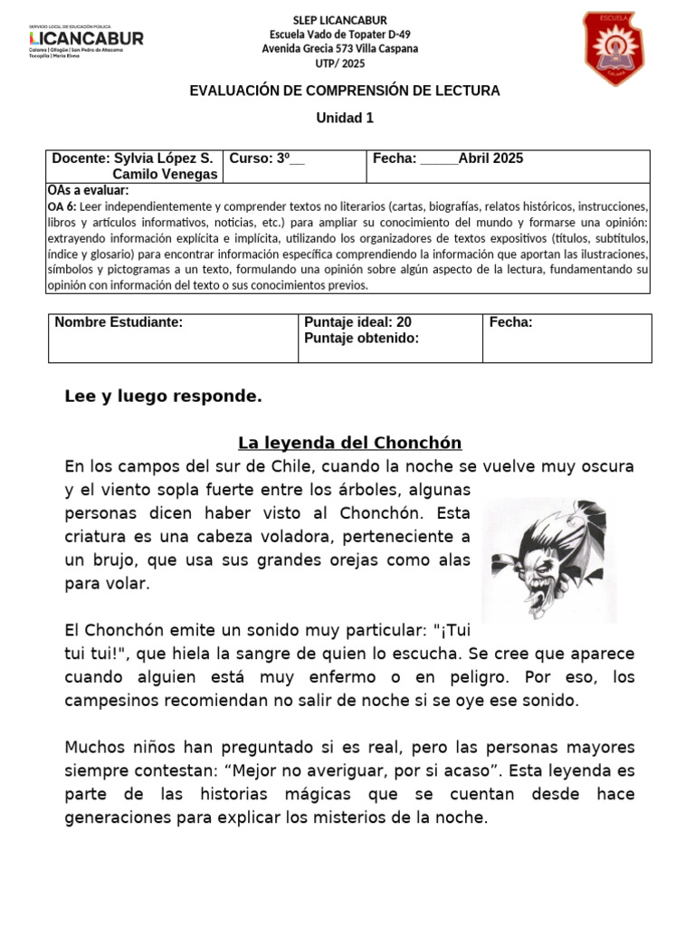 Comprensión de Lectura Unidad 1 | PDF