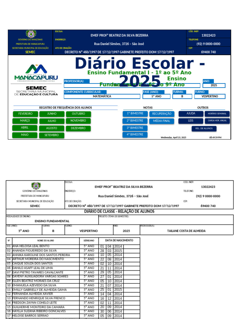 Diário Escolar - 5º B - Matemática | PDF | Educação primária