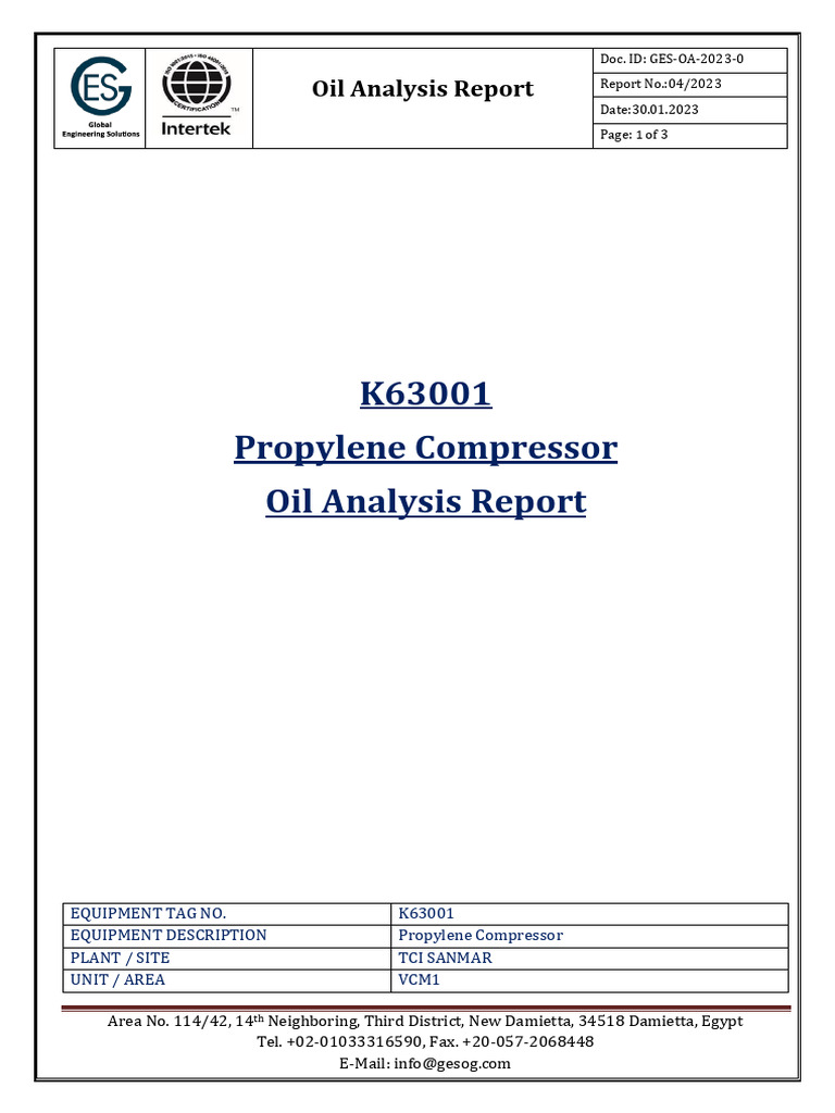 Oil Analysis Report VCM1 Propylene Compressors | PDF
