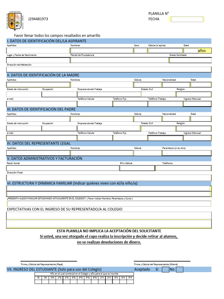 Planilla Solicitud de Cupo 2025-2026 | PDF