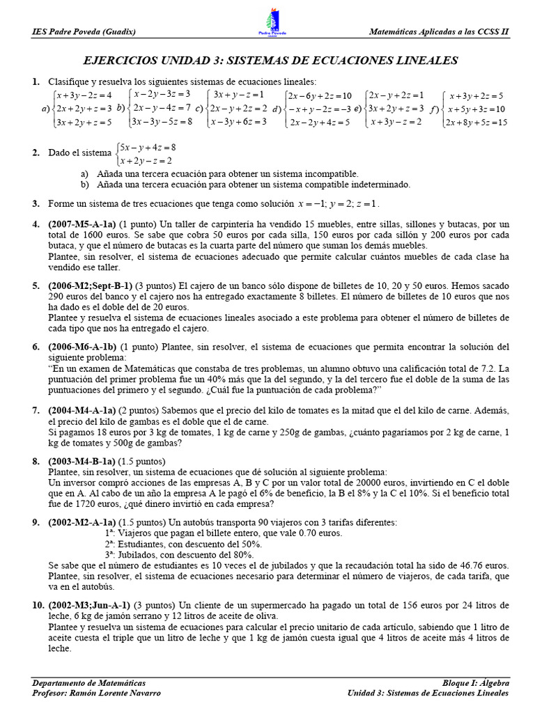Ejercicios de Sistemas de Ecuaciones Lineales | PDF | Ecuaciones ...