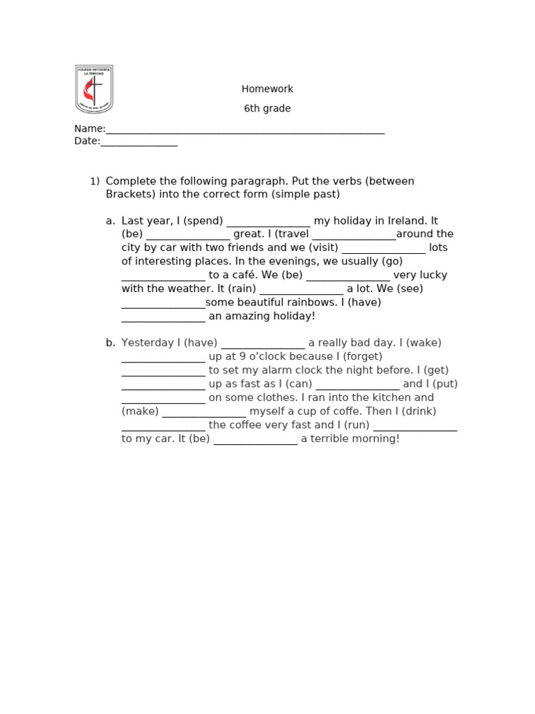 6th Grade Simple Past Homework Exercise | PDF
