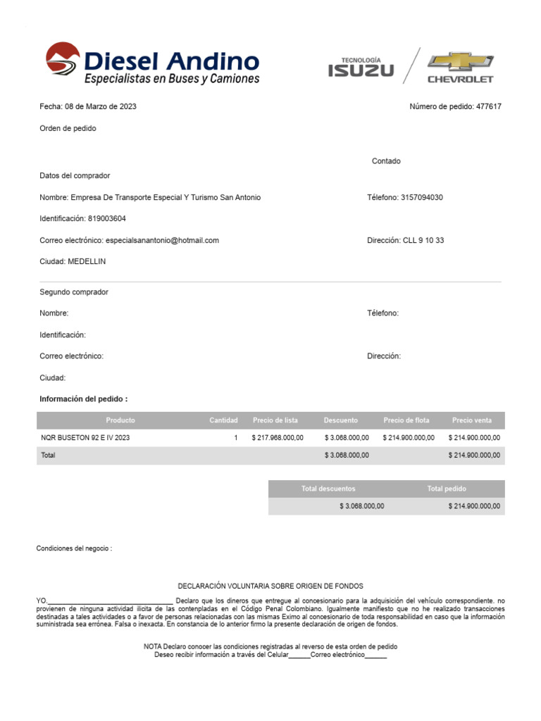 Pedido NQR Buseton - Empresa de Transporte Especial | PDF | Precios ...