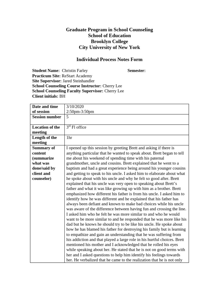 School Counseling Session Notes: Brett | PDF