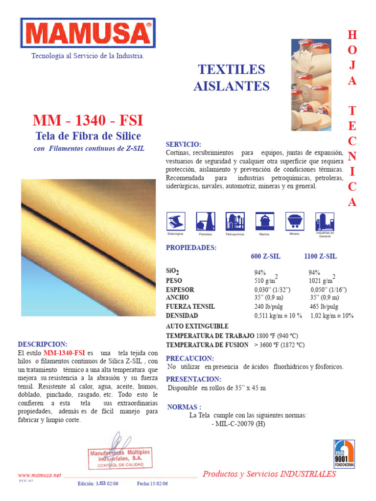 Tela Aislante de Fibra de Sílice Z-SIL | PDF | Textiles | Sector ...