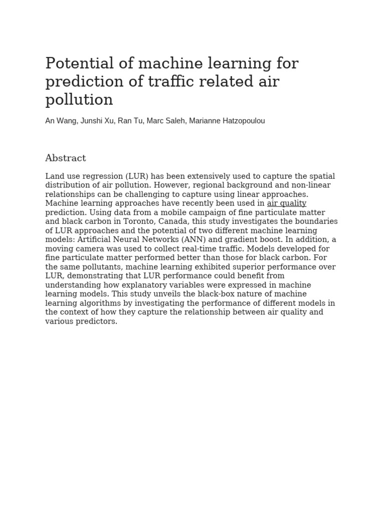 Potential of Machine Learning For Prediction of Traffic Related Air ...