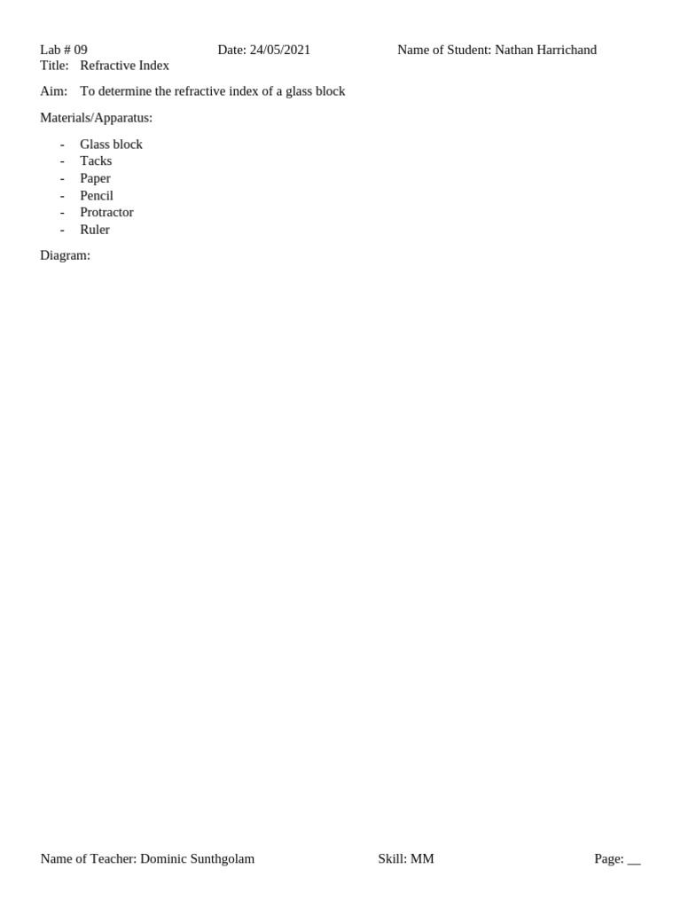 Lab 9 - Refractive Index NATHAN HARRICHAND | PDF | Refraction | Physical Phenomena