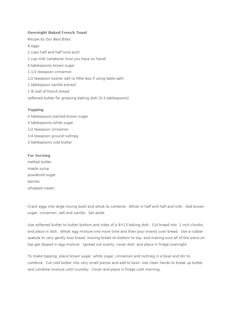Overnight Baked French Toast Recipe | PDF