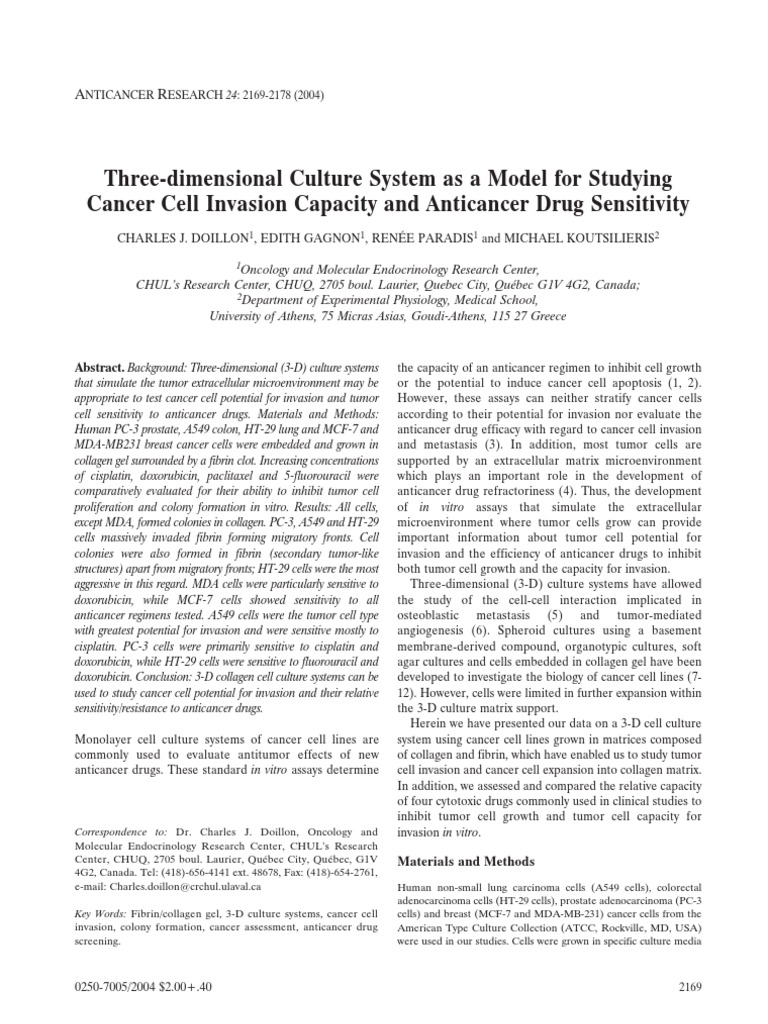 Three-Dimensional Culture System As A Model For Studying Cancer Cell ...