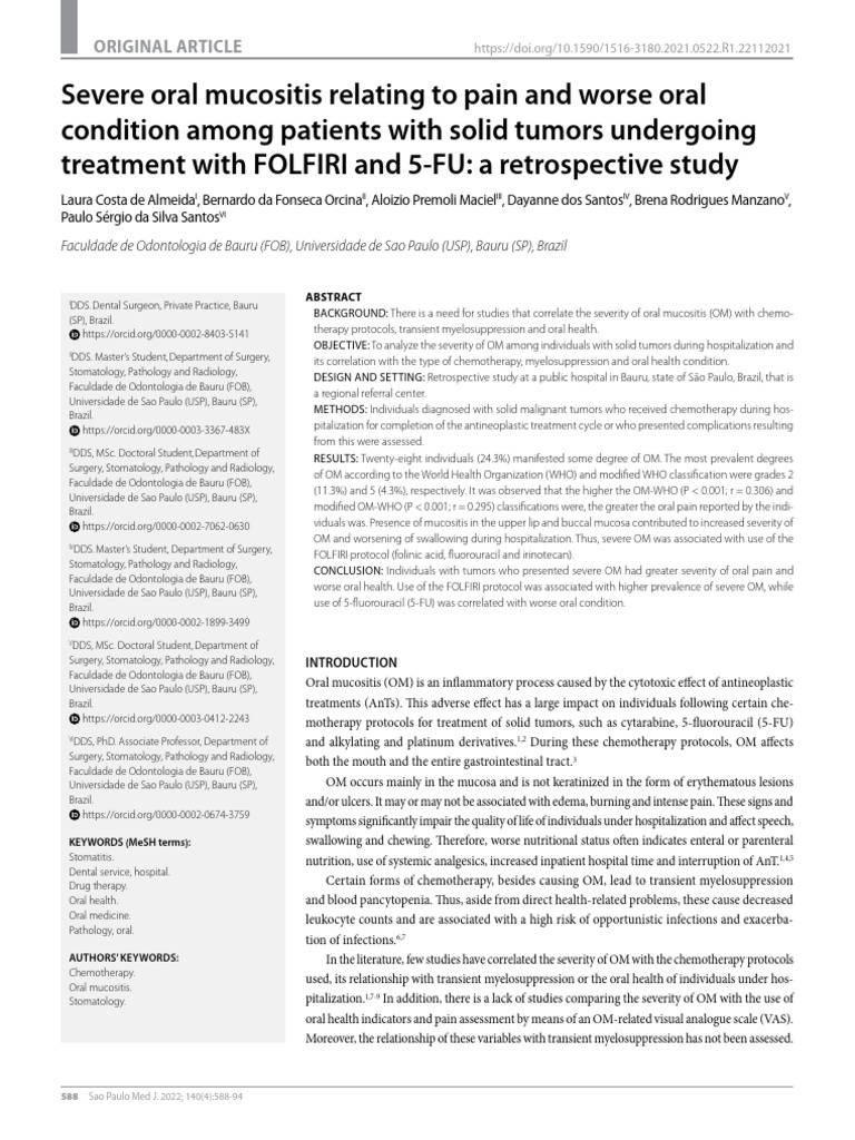 Severe Oral Mucositis Relating To Pain and Worse Oral Comtidion Among Patients With Solid Tumors ...