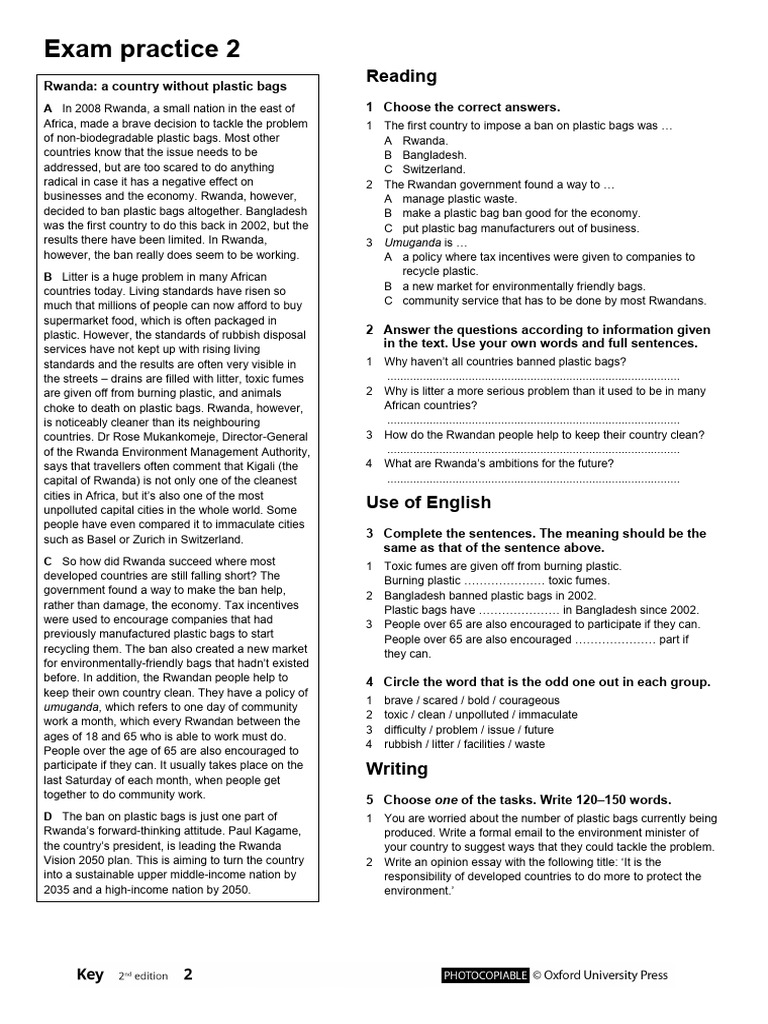 Key2e L2 Worksheets Exam Practice 2 | PDF | Rwanda | Economy And The Environment