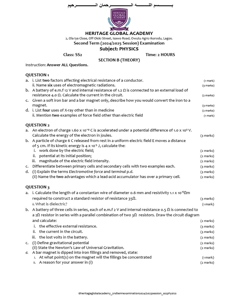 Physics SS2 2ND Term Theory Exam 2024-2025 Session | PDF | Capacitor | Capacitance