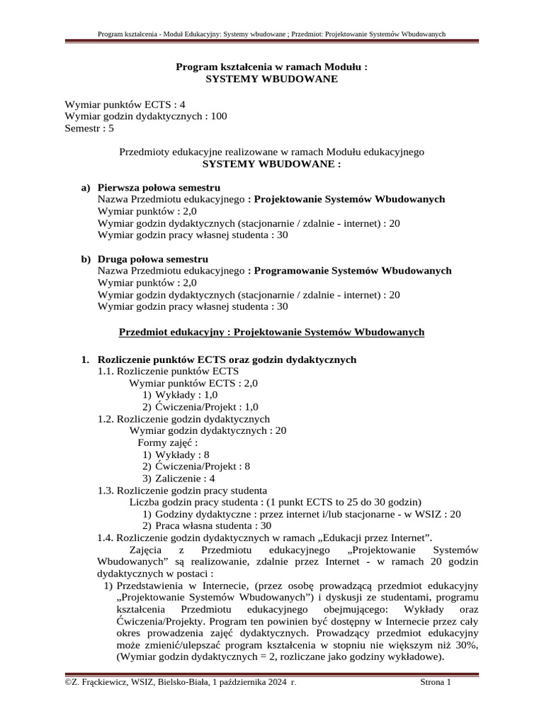 Program Ksztacenia - Systemy Wbudowane - Projektowanie SW - 2024 | PDF