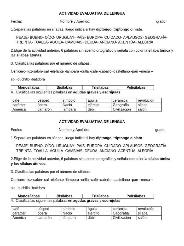 Actividades de Evaluación de Lengua | PDF